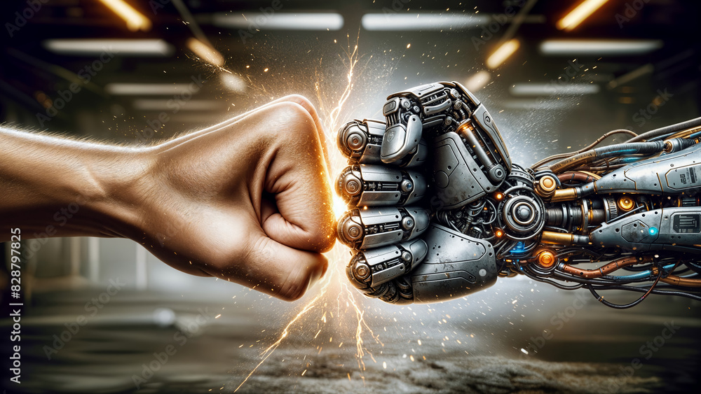 Human vs AI. Human fist clashing with robotic hand, symbolizing tension ...