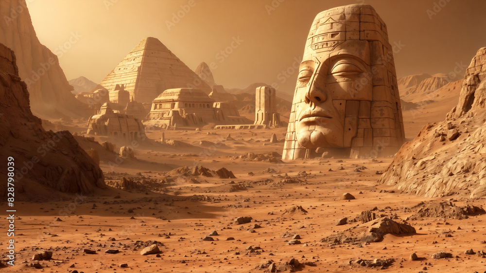 Ruins of ancient alien city on Mars, desolate Martian desert with ...