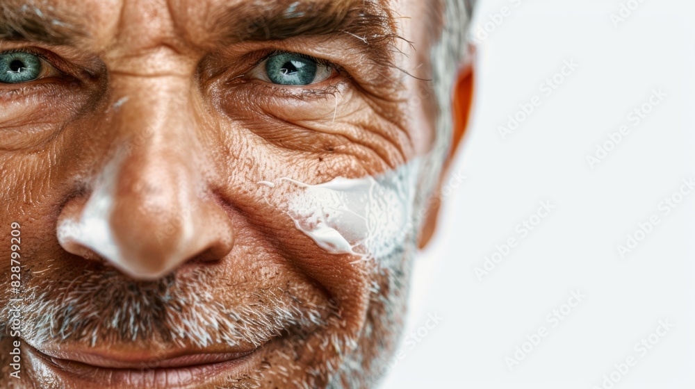 Old man with cream and smile, skincare, beauty, and grooming in studio ...
