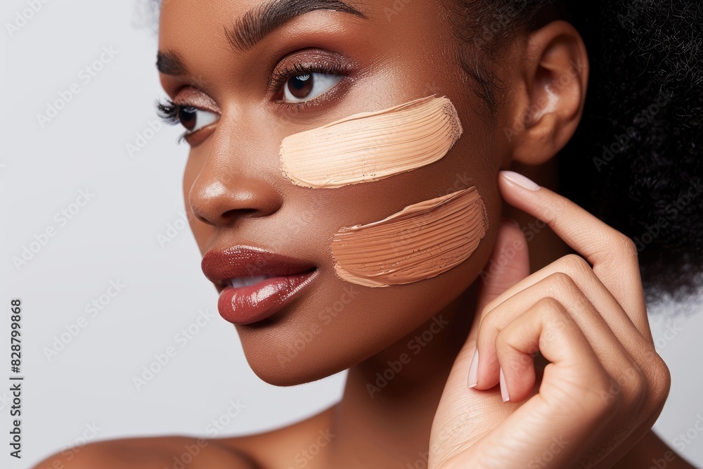 Cosmetics, variety, and base tone swatches on black woman's face ...