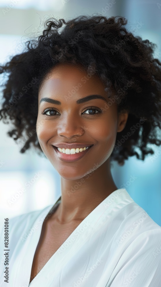 Nigerian ebony woman with half face, smile, and happiness on blue ...