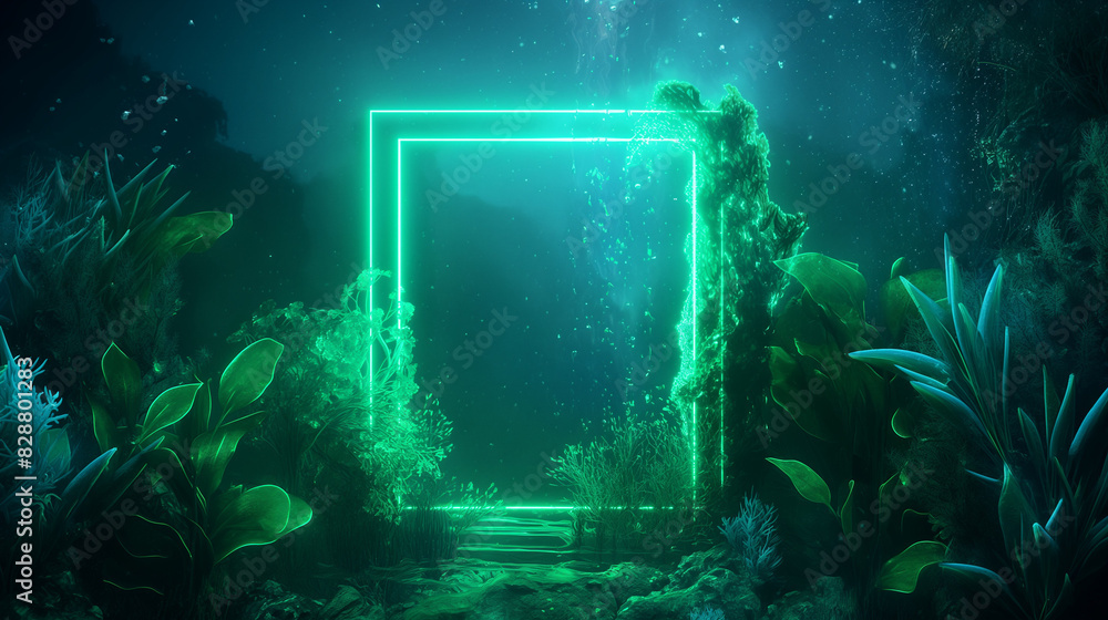 An underwater door frame glowing green, surrounded by dark blue water ...