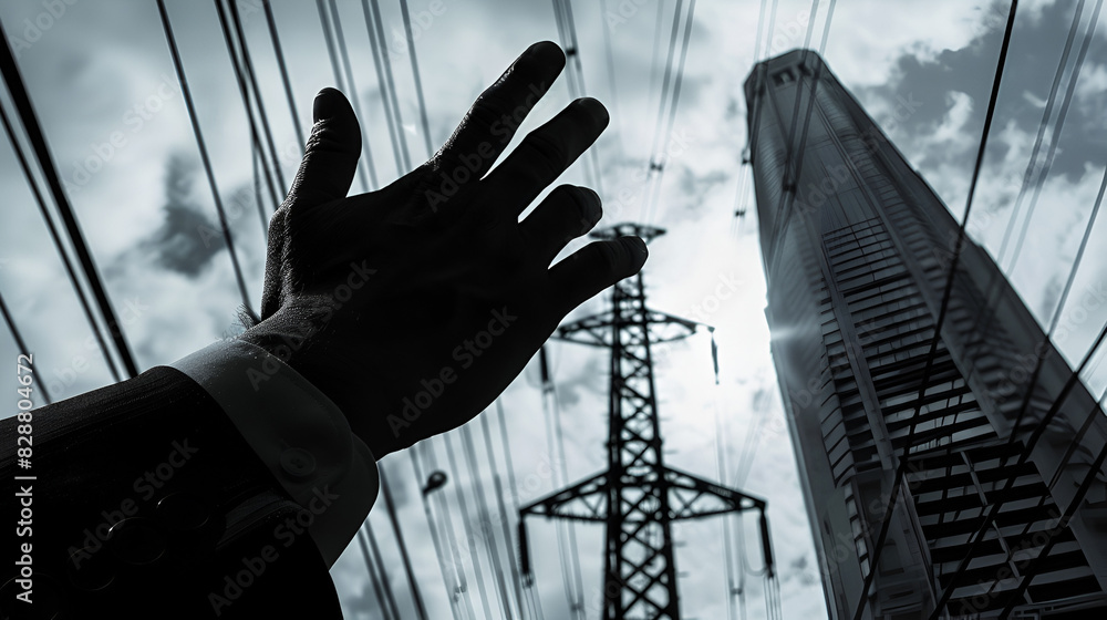 Power Line and Hand High Voltage Connection Hand Reaching Power Lines ...