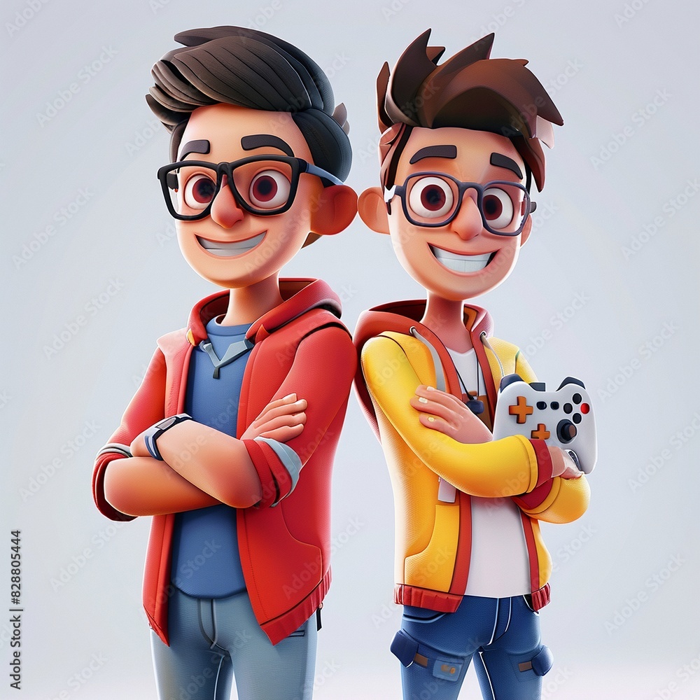 3d cartoon illustration of two player gaming, friends icon for game ui ...