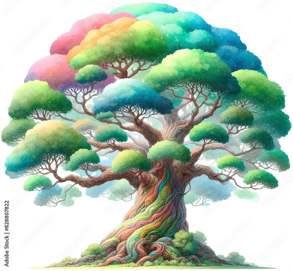 Watercolor colorful big tree clipart transparent background Stock ...