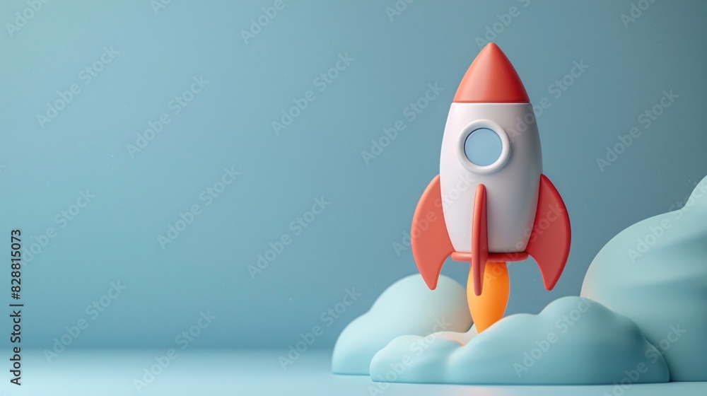 Colorful rocket ship launch in pastel cloud sky background, 3D ...