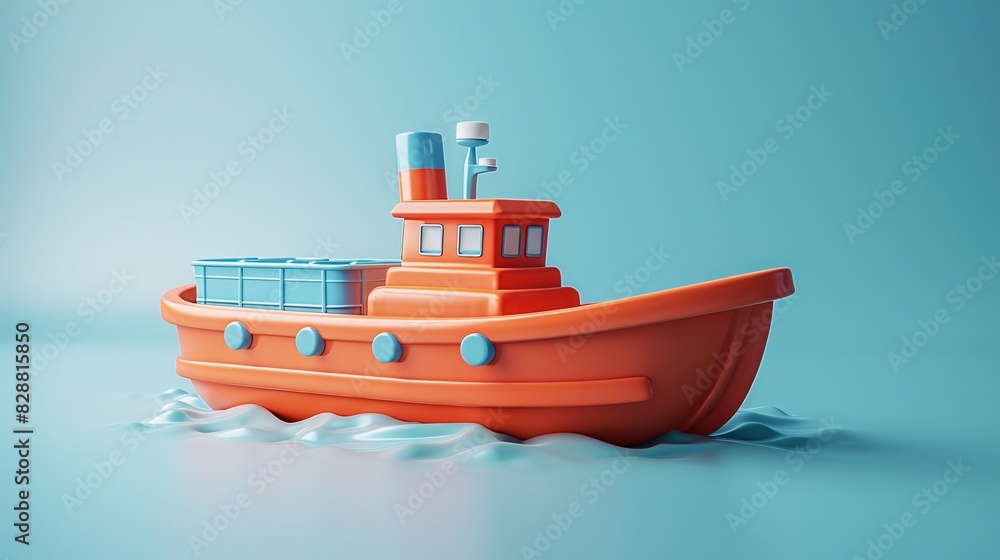 Colorful toy boat figurine floats on smooth water. The vibrant red hull ...