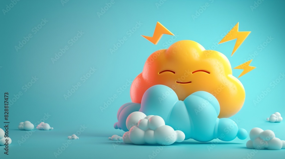 Cute cartoon thunder cloud with lightning bolts and smiling face on a ...