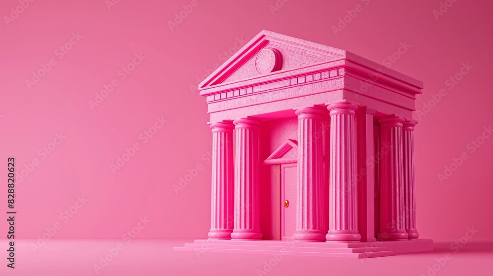 Minimalist pink bank building model with pillars and classical ...