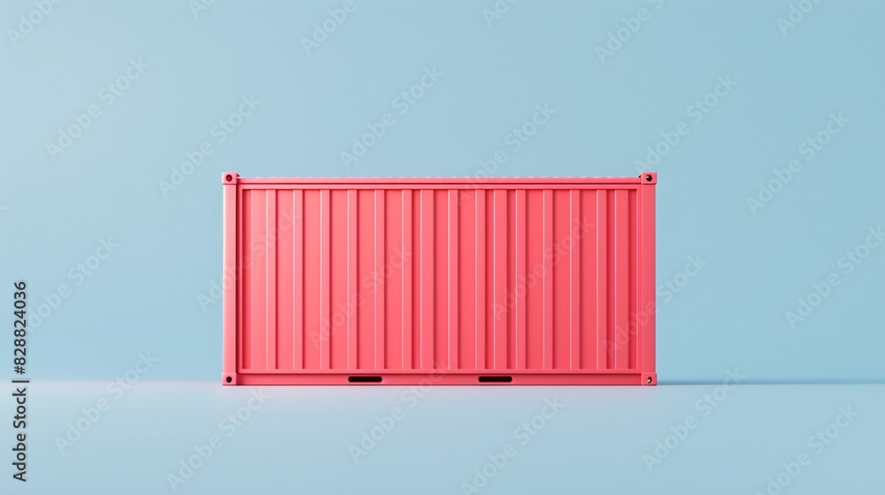 Red shipping container on light blue background. Minimalist industrial ...