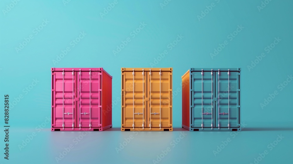 Three colorful shipping containers in red, yellow, and blue against a ...