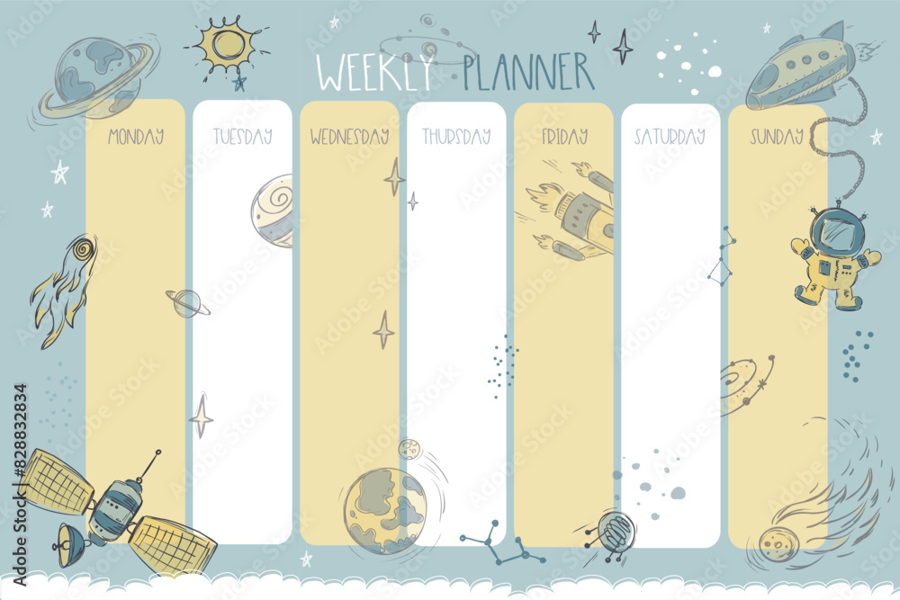 Weekly planner with spaceships and ufo. Adorable aliens, astronauts and ...