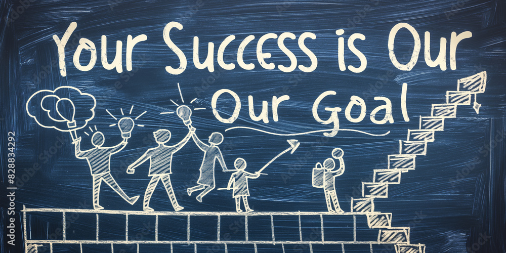 A detailed chalkboard illustration encourages success through teamwork ...