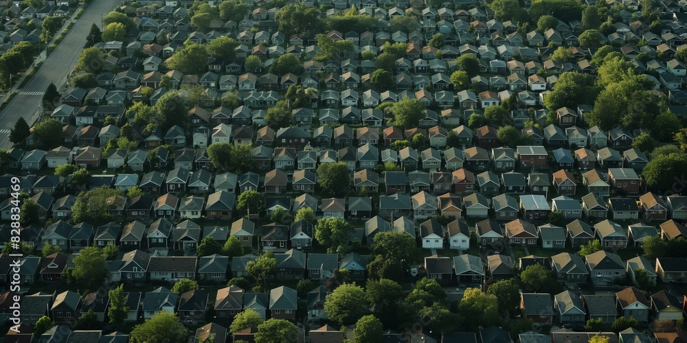 Overhead view presenting a dense layout of houses in a suburban ...