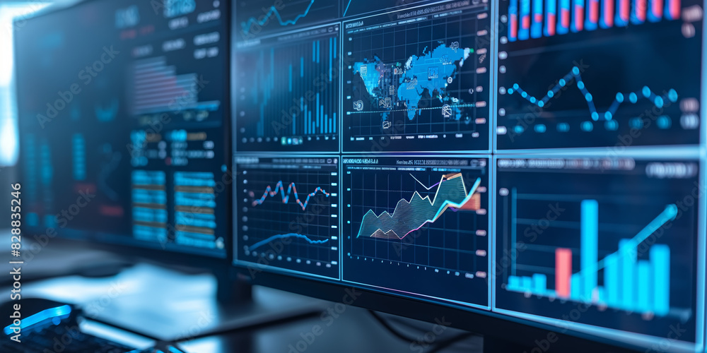 The image displays several computer screens filled with complex ...