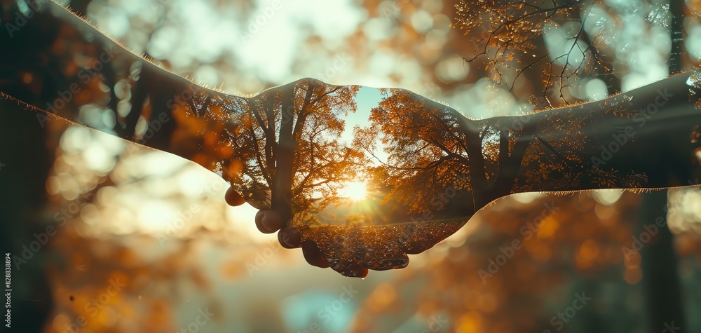 Two hands, one representing nature and the other representing humanity ...