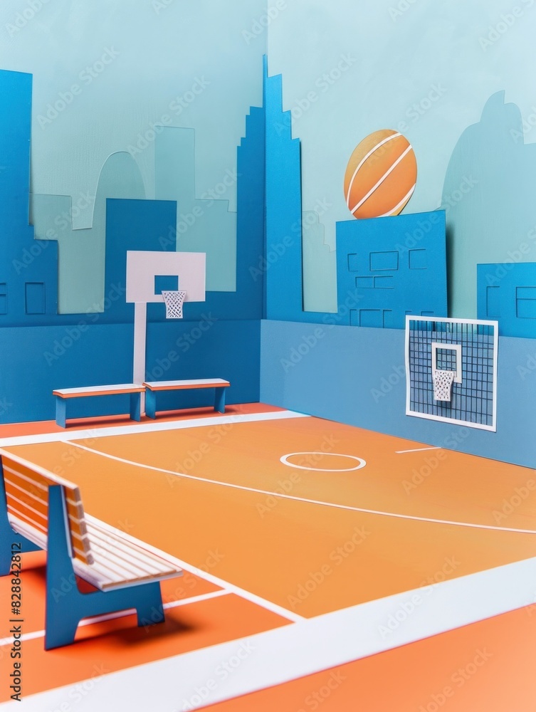 Basketball court scene with bench and ball, sports and recreation theme ...