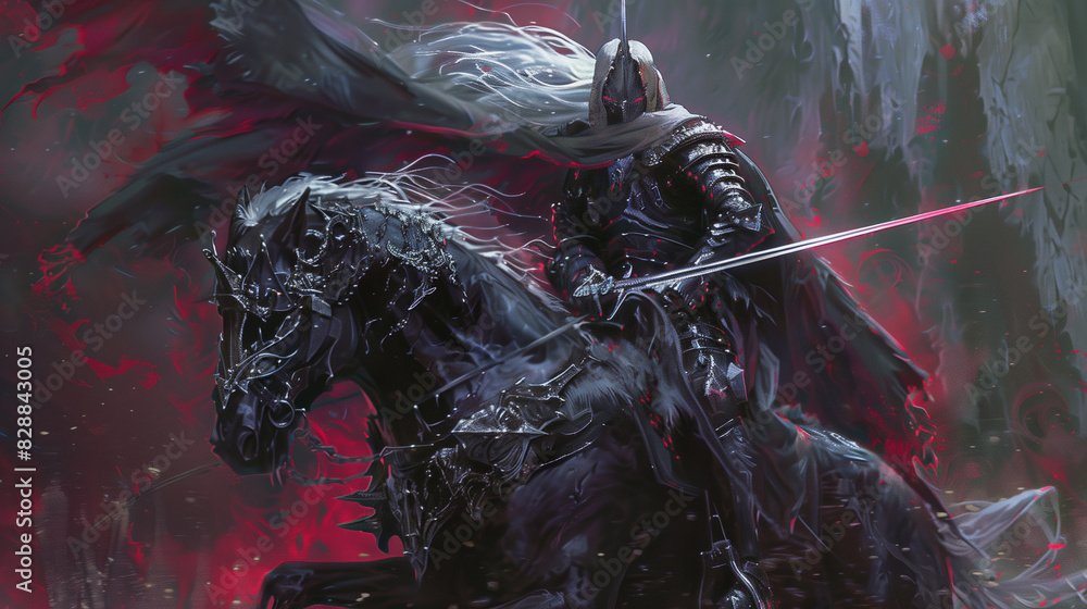drow warrior on black horse wields greatsword in smoky background Stock ...