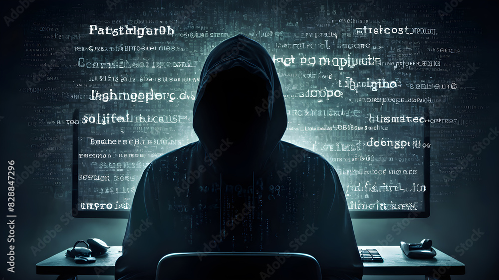 Hacker in data security concept. Silhouette of a hacker on binary codes on background. Stock ...