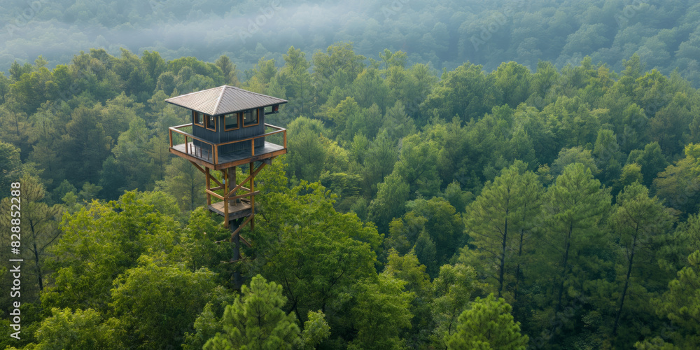 An elevated wooden lookout tower with a roof, providing an overview of ...