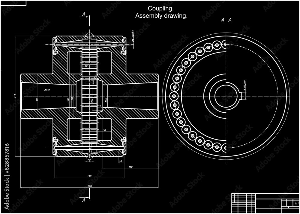 Assembly drawing of coupling. Vector engineering cad scheme of steel ...