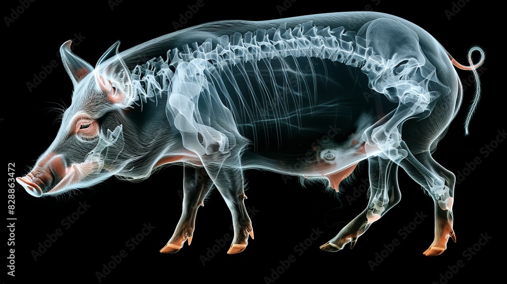 X-ray film of pig lateral view closed up in head and half body ...