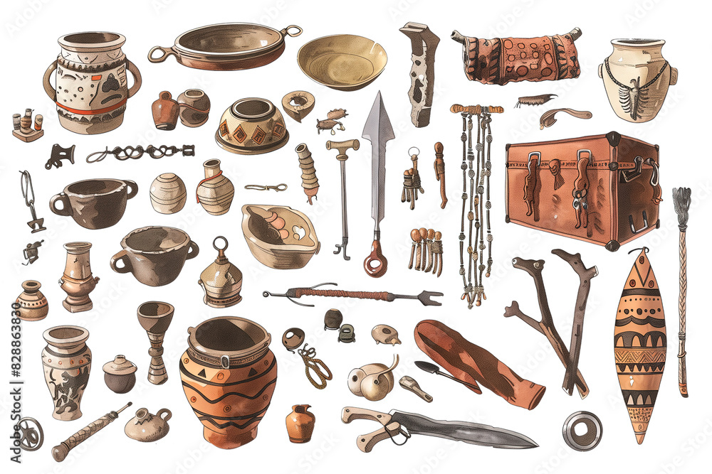 Illustrations of Ancient artifacts, including pottery, tools, and ...