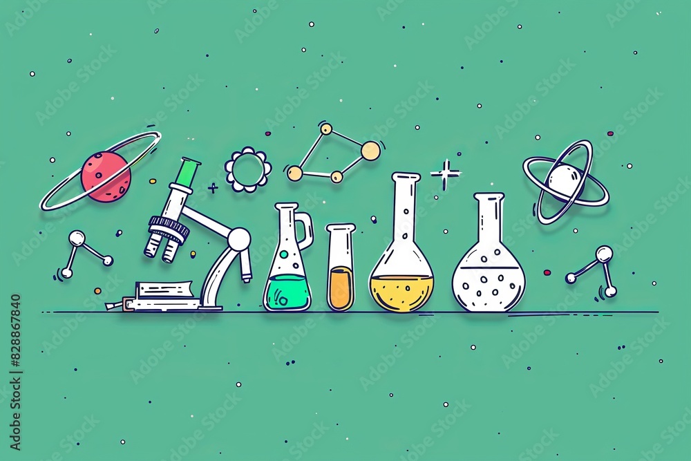 Science themed illustration with lab equipment and formulas on a green ...