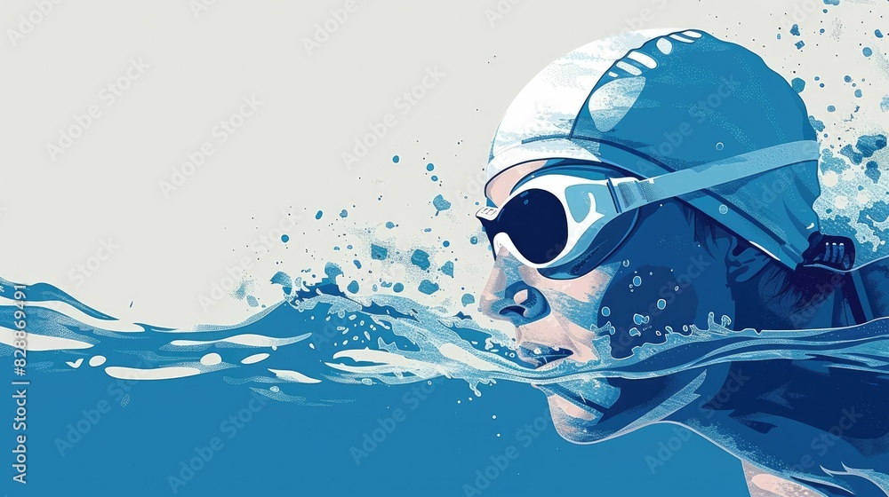 Dynamic illustration of a swimmer in goggles and swim cap, cutting ...