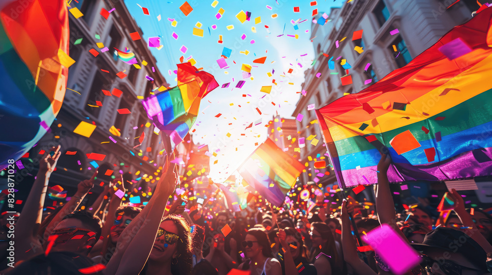 Vibrant pride parade with rainbow flags and confetti under a sunny sky ...