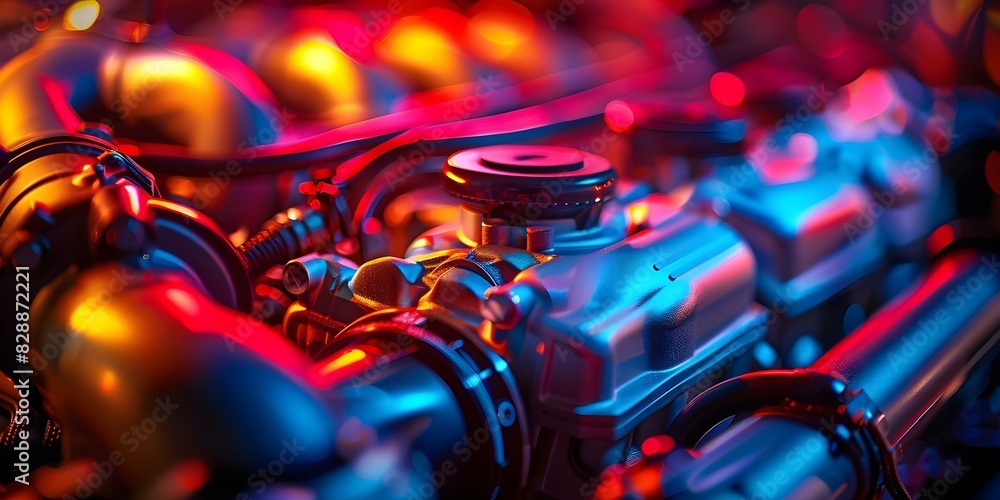 Car engine interior highlighted with mathematical models to optimize ...