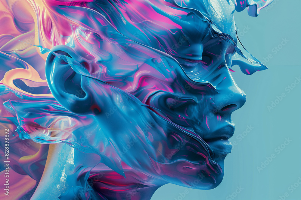 Surreal and vibrant portrayal of a human face, rendered in fluid ...