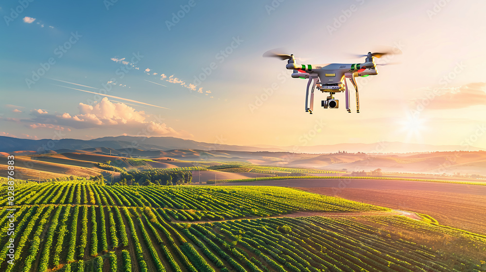 A drone flying over a large, modern farm, capturing high-resolution ...