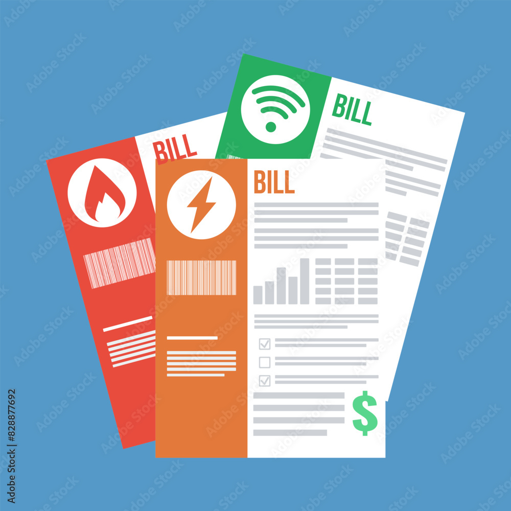 utilities bill paper stack flat design vector illustration, increasing ...