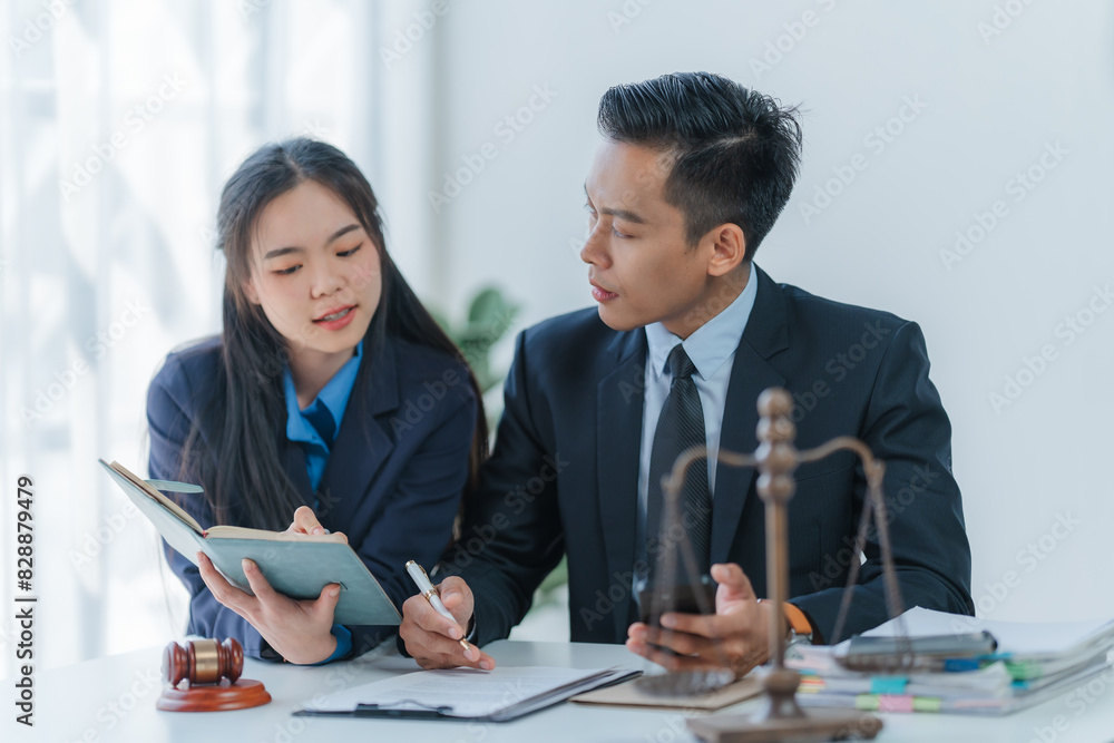 Lawyer engages with a smiling client during a legal consultation in a ...