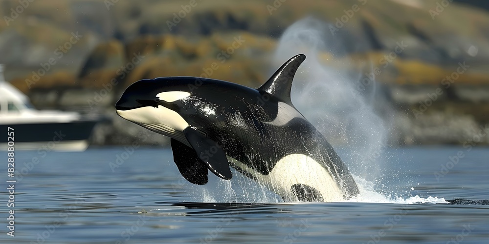 Orca whale breaching near boat with dorsal fin visible in shallow water ...