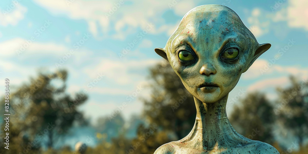 Portrait of a beautiful female alien monster standing outside in nature ...