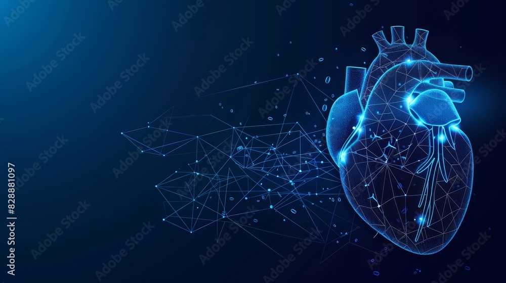 The heart is intricately modeled in shades of blue, symbolizing its ...