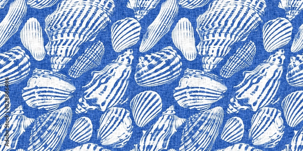 Azure blue white shell motif with linen seamless batik border ...