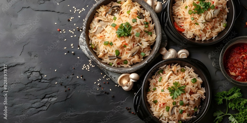Topdown view of Korean oyster hot stone pot rice with mushrooms ...