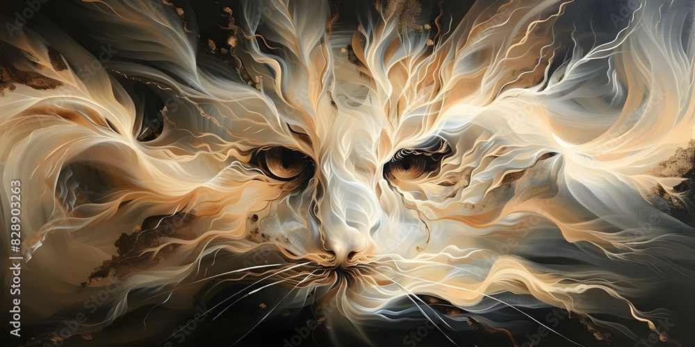 Abstract oil painting of a Mandelbrot fractal cat face on black paper ...