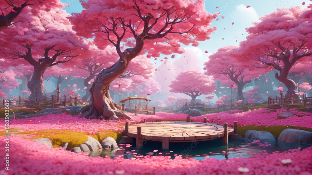 Pink forest game background with floating platforms depicted in a ...