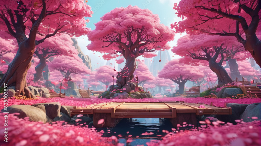 Pink Forest Game Background With Floating Platforms Depicted In A Cartoon Illustration Features