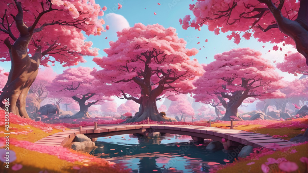 Pink forest game background with floating platforms depicted in a ...