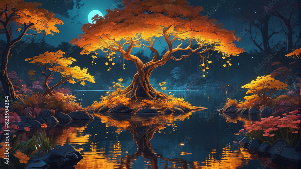 Dark night forest with a lake and magic fantasy neon glowing yellow and ...
