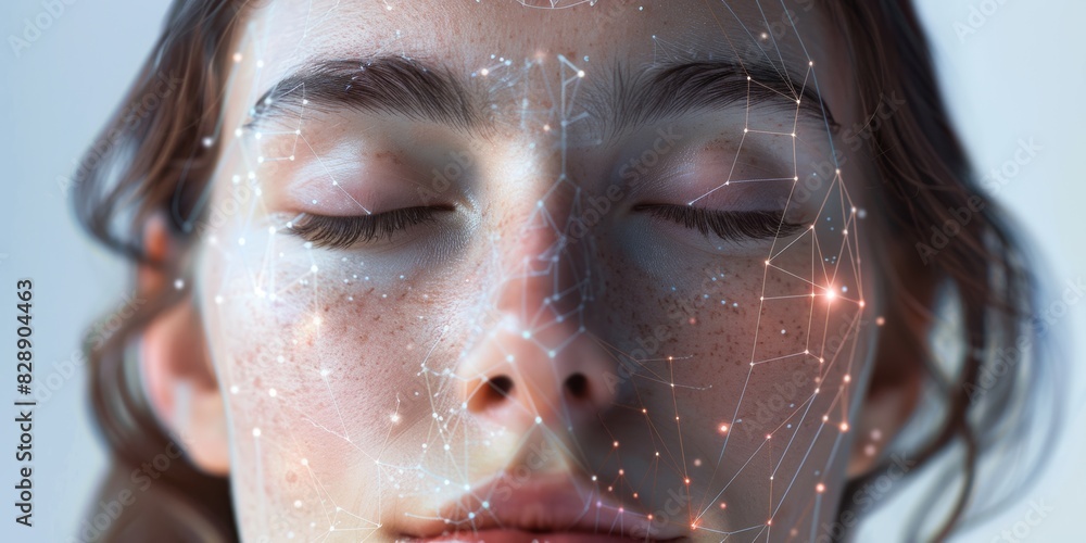 Woman's face with digital nodes and lines for facial recognition, eyes ...