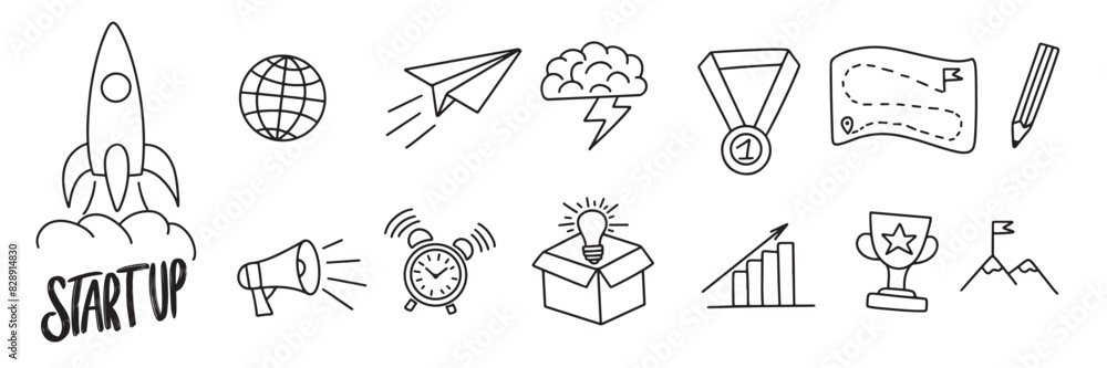 Collection of doodle icons Startup. Startup icons set. Hand draw vector ...