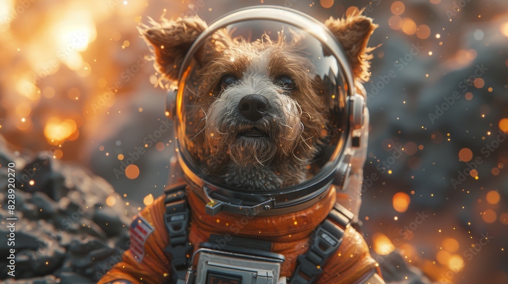Low-angle view, astronaut dog floating in zero gravity, photorealistic ...