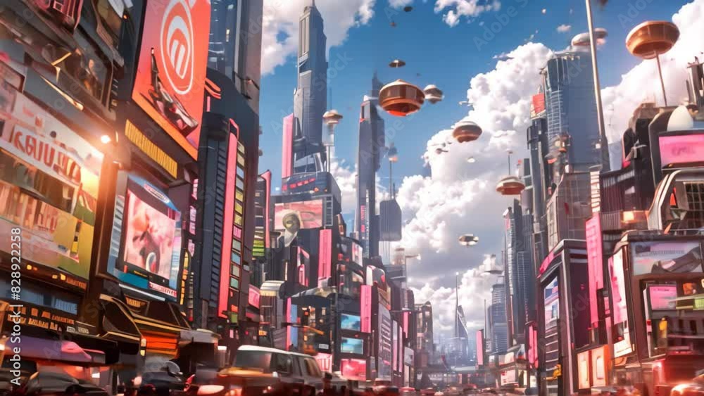 A bustling city of towering skyscrapers, futuristic architecture ...
