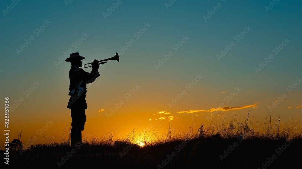 Bugle atop an inverted rifle, representing a minimalist Memorial Day ...
